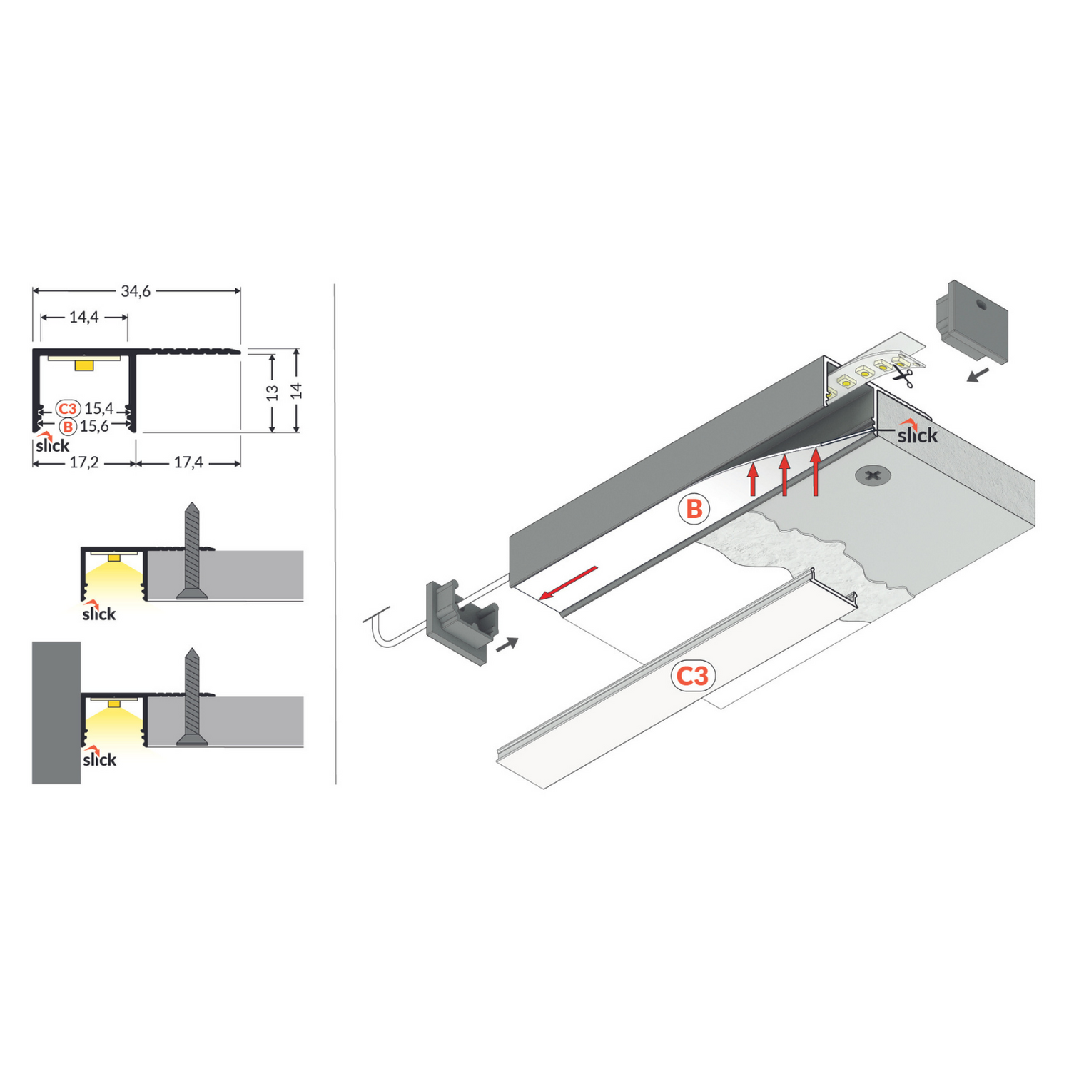 Plaster-In Trimless Plasterboard LED Profile Plane14-Side for Sale